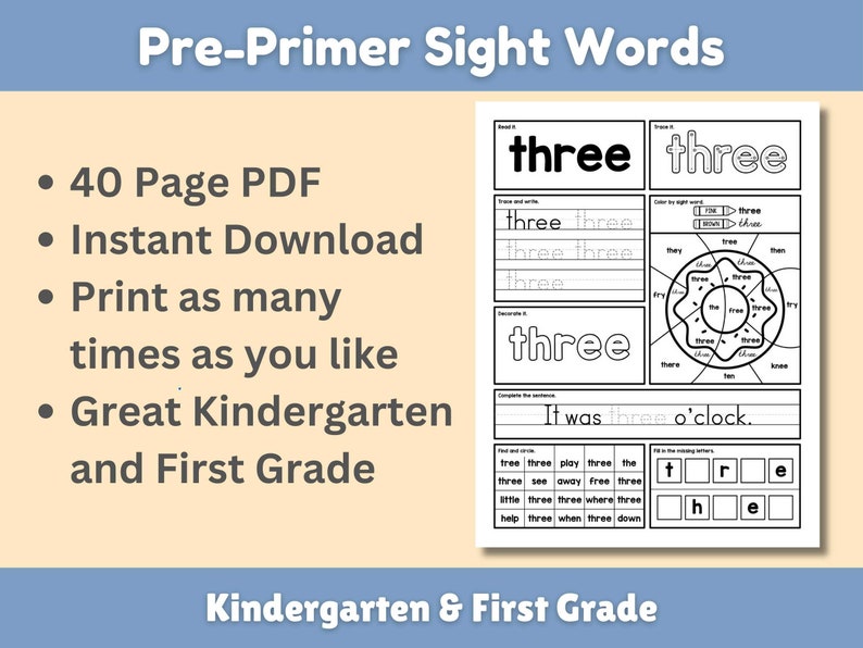 Kindergarten Sight Word Worksheets Pre-primer Sight Words for ...