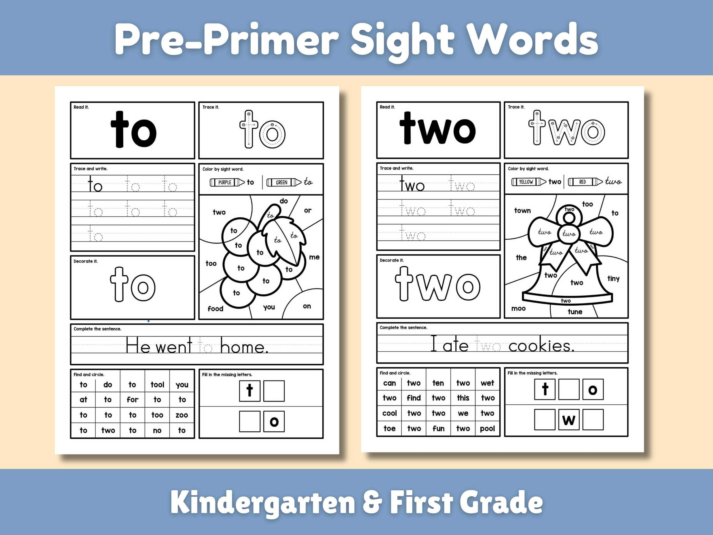 Kindergarten Sight Word Worksheets Pre-primer Sight Words for ...