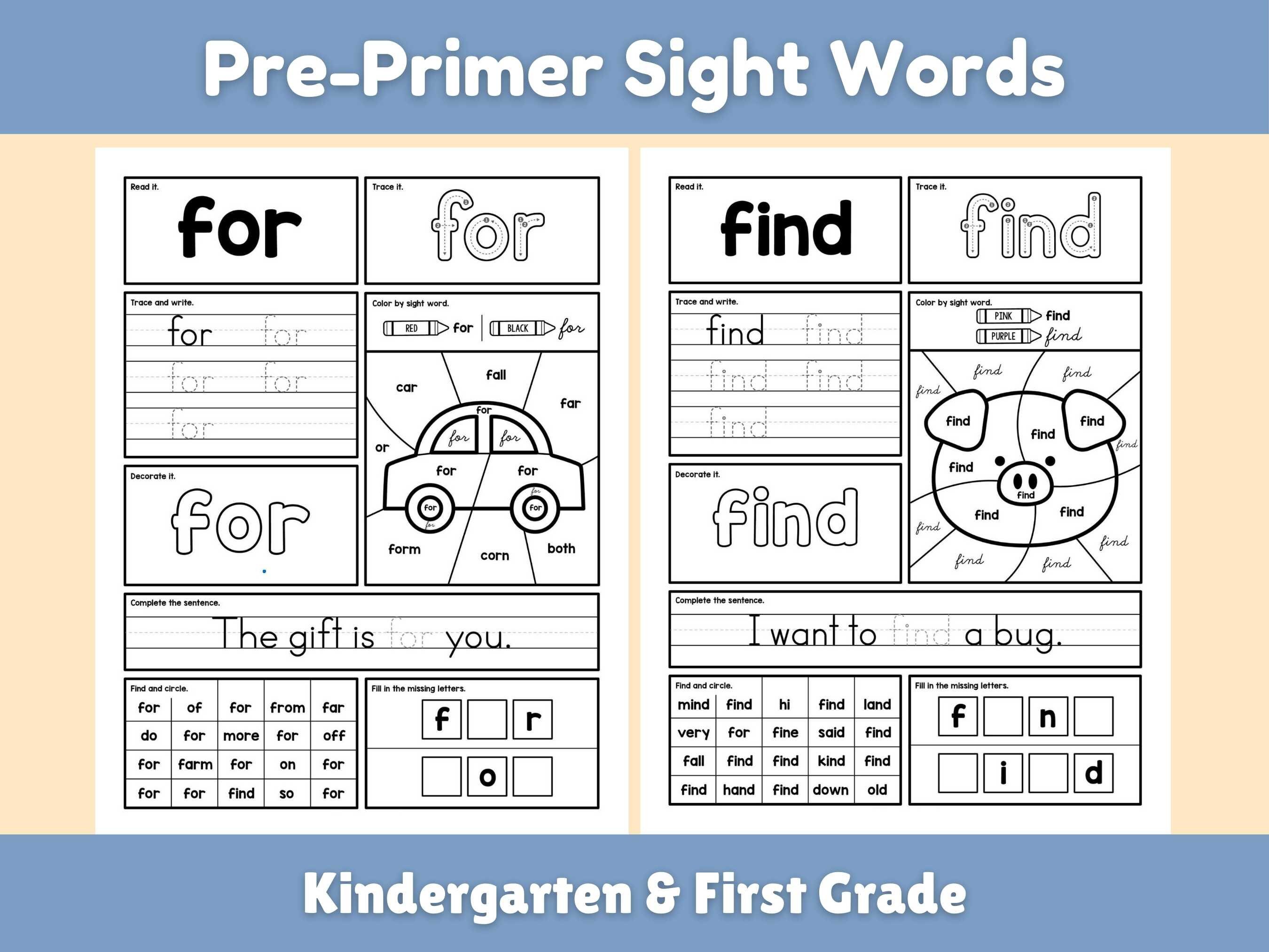 Kindergarten Sight Word Worksheets Pre-primer Sight Words for ...