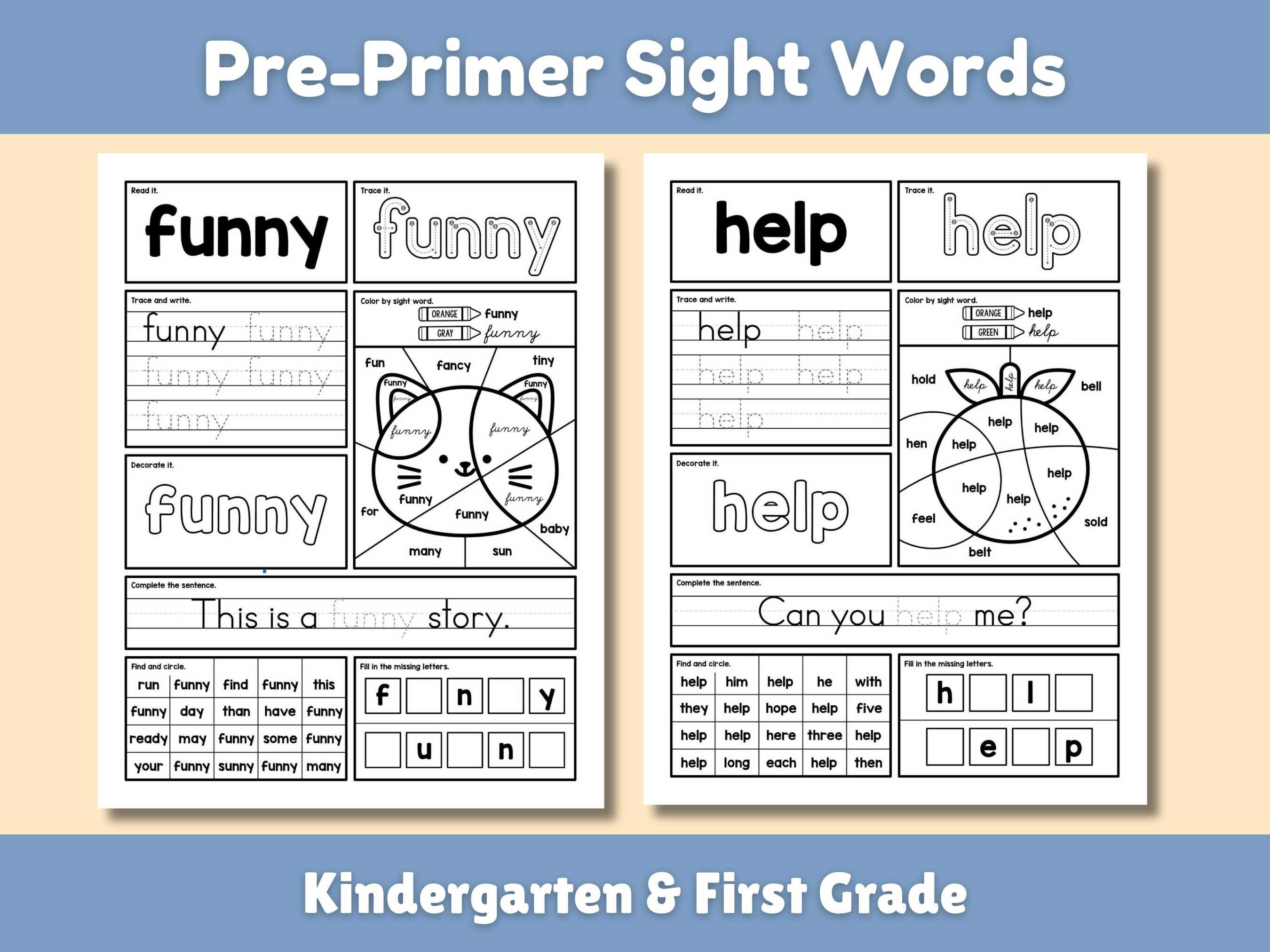 Kindergarten Sight Word Worksheets Pre-primer Sight Words for ...