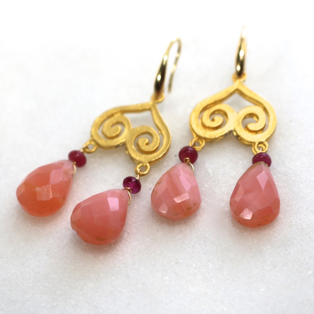 Double Drops of Pink Peruvian Opal in Gold Vermeil... - Etsy