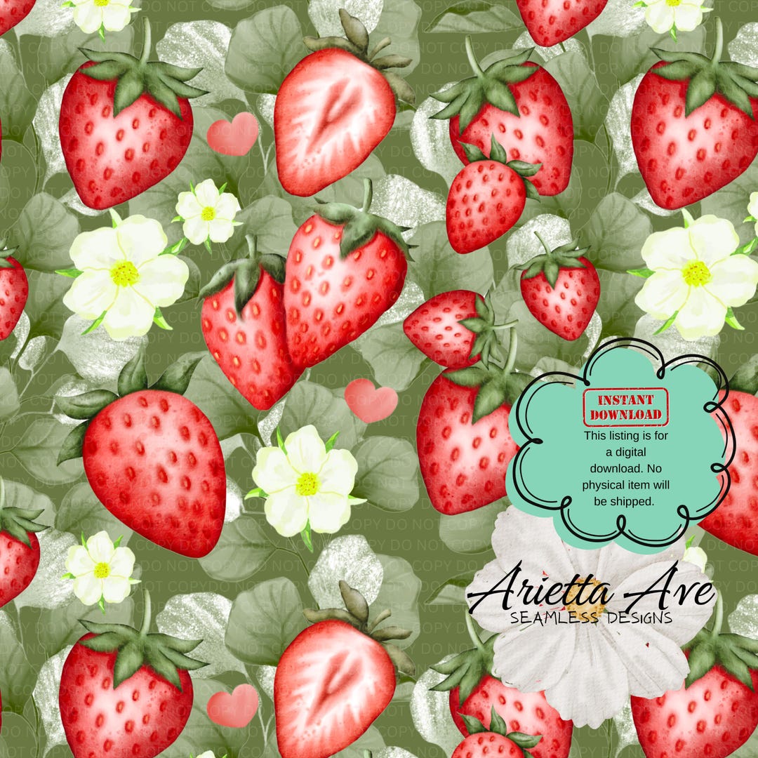 Green Summer Strawberry Seamless Repeating Digital Pattern PNG - Print ...