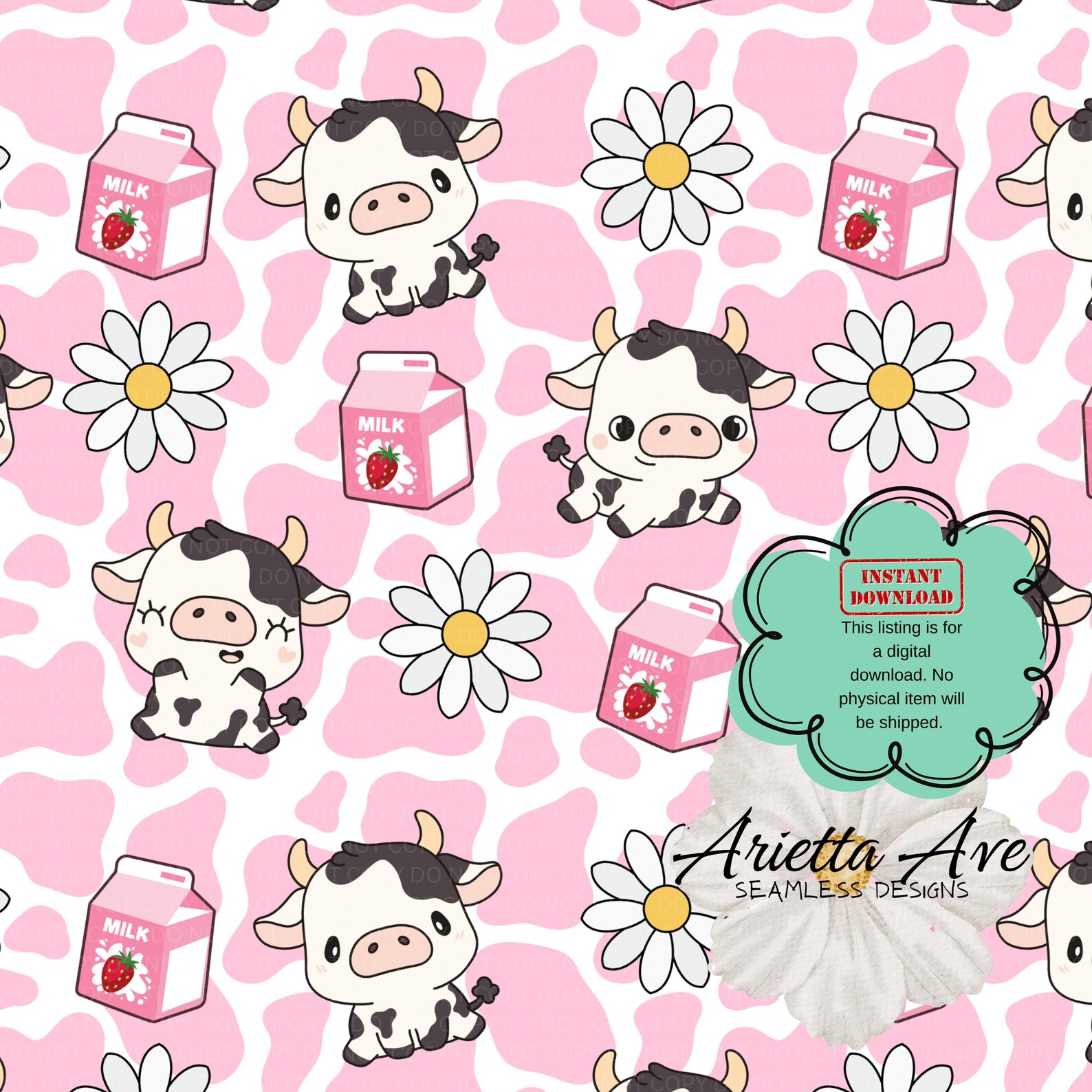 Pink Cow Strawberry Milk Seamless Repeating Digital Pattern - Print on ...