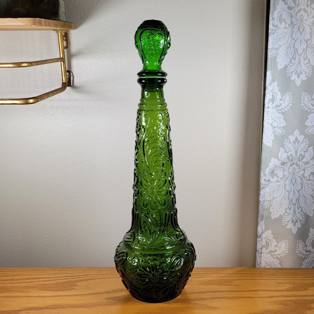 Vintage MCM Green Glass Flower Genie Empoli Bottle W/fruit Stopper 14. ...