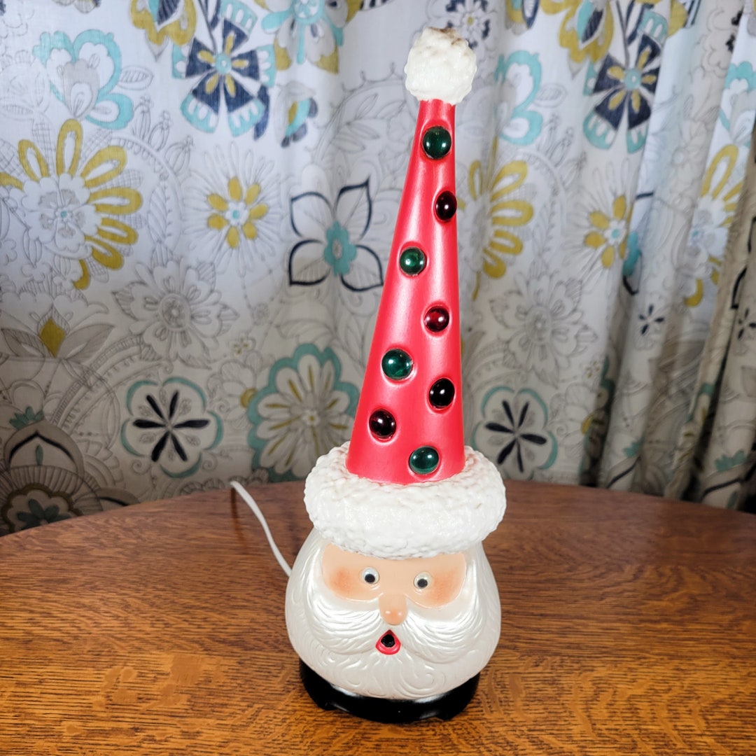 Vintage Ceramic Santa Lamp: Pearlized Glaze, Glass Orbs Hat, Googlie ...
