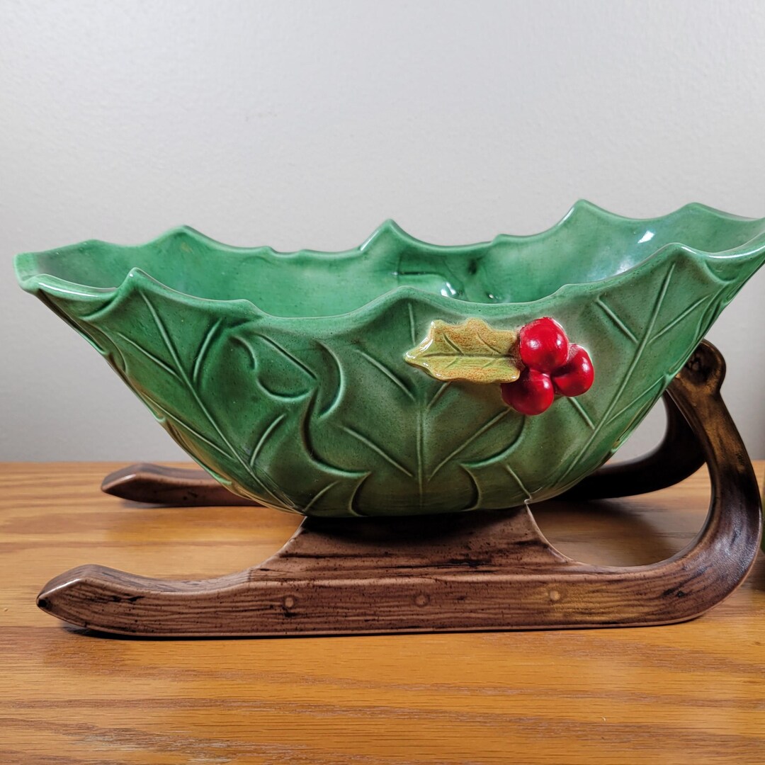 Vintage Ceramic Sleigh Christmas Leaves Holly Berries, Hobbyist, Candy ...