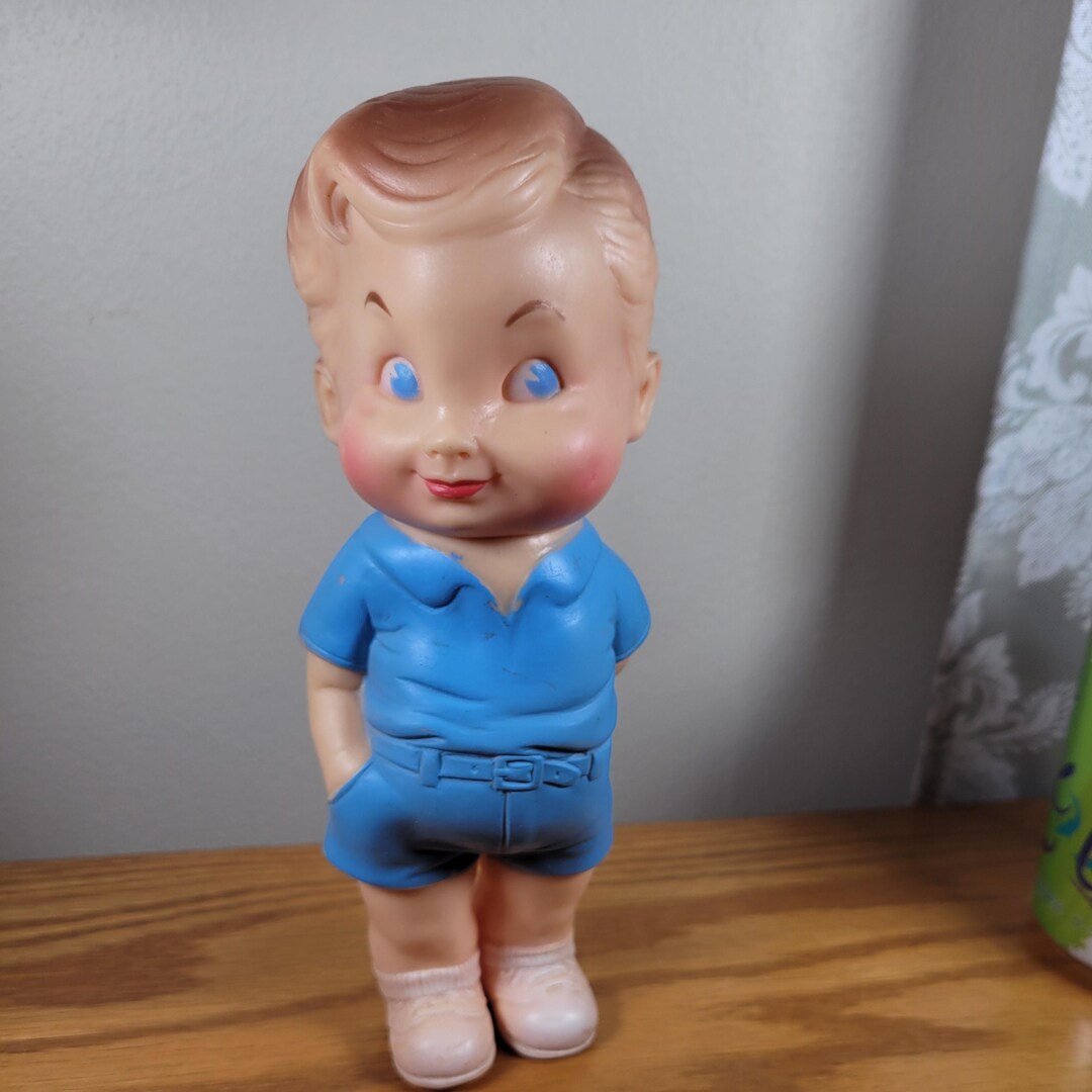 Vintage Rubber Toy Boy Holding Frog, Blue Jumpsuit Romper, Squeaker ...