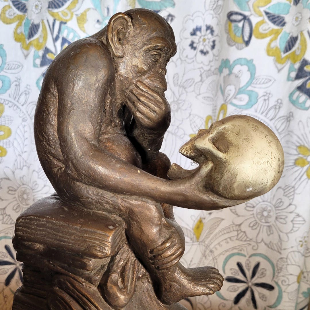 DARWIN THINKING MONKEY Statue With Skull Sculpture, 1962 Austin Production, Bronze Ceramic ...