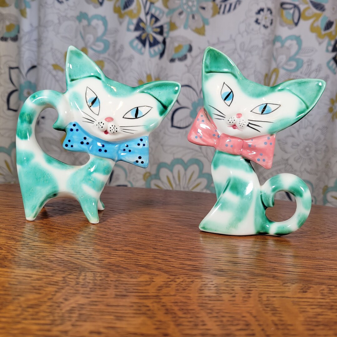 MCM 1950s 1960s Flat Faced Cats, Ceramic, Green & White Stripes, Pair ...