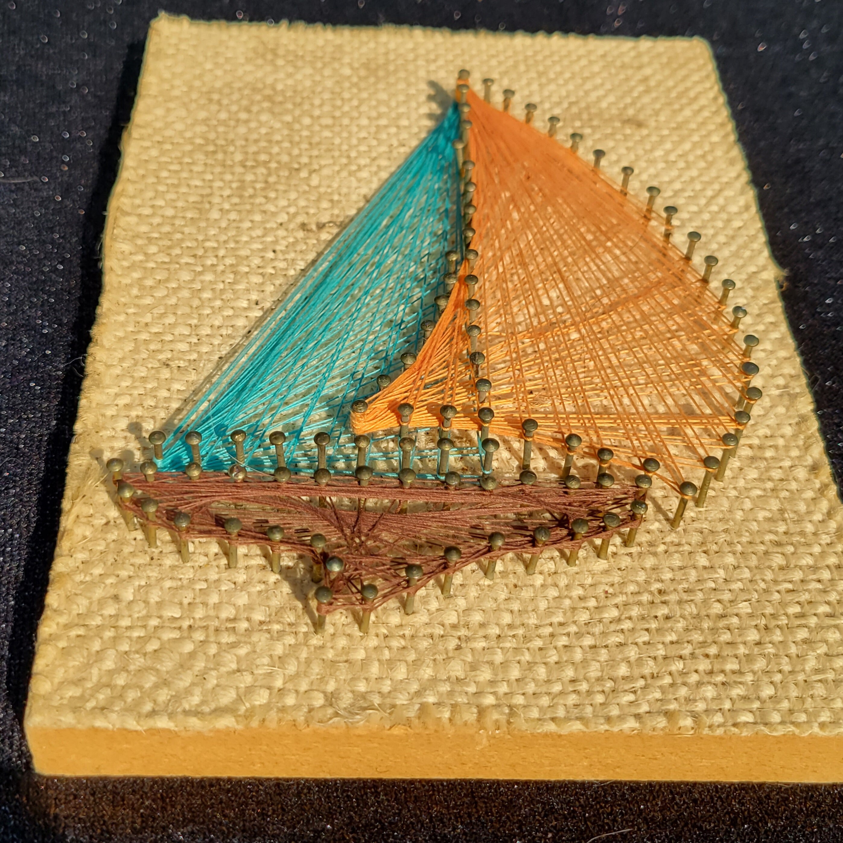 String Art Sailboat, Vintage Textile Art, Nail and Thread Art, Burlap ...