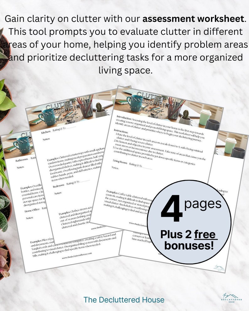 Clutter Assessment Worksheet, Home Organization, Spring Cleaning ...