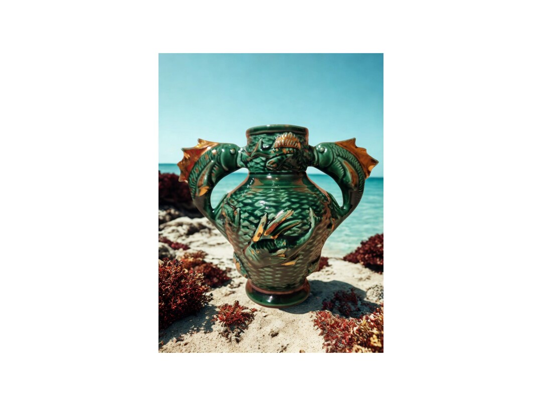Vintage Green Ceramic Vase, 60s Design, Slip, Fish Decor - Etsy