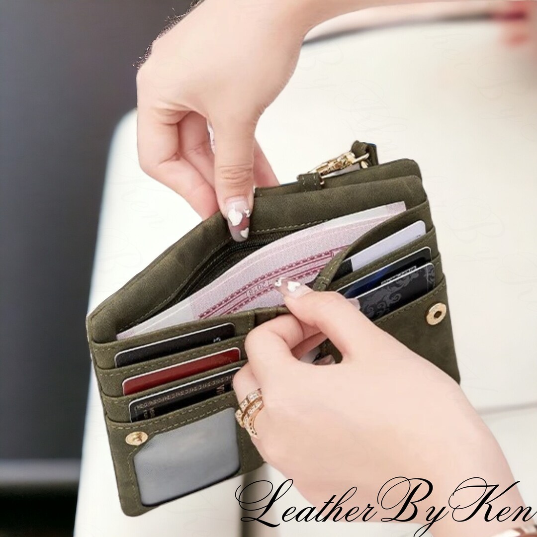 Vintage Small Double Folding Leather Wallet Dark Green, Women Leather ...