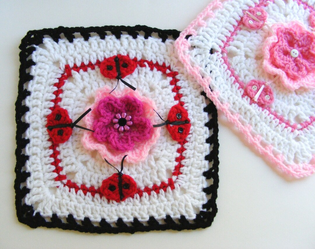 Crochet Ladybug Afghan Square - 9" Afghan Square - Childrens Ladybug ...