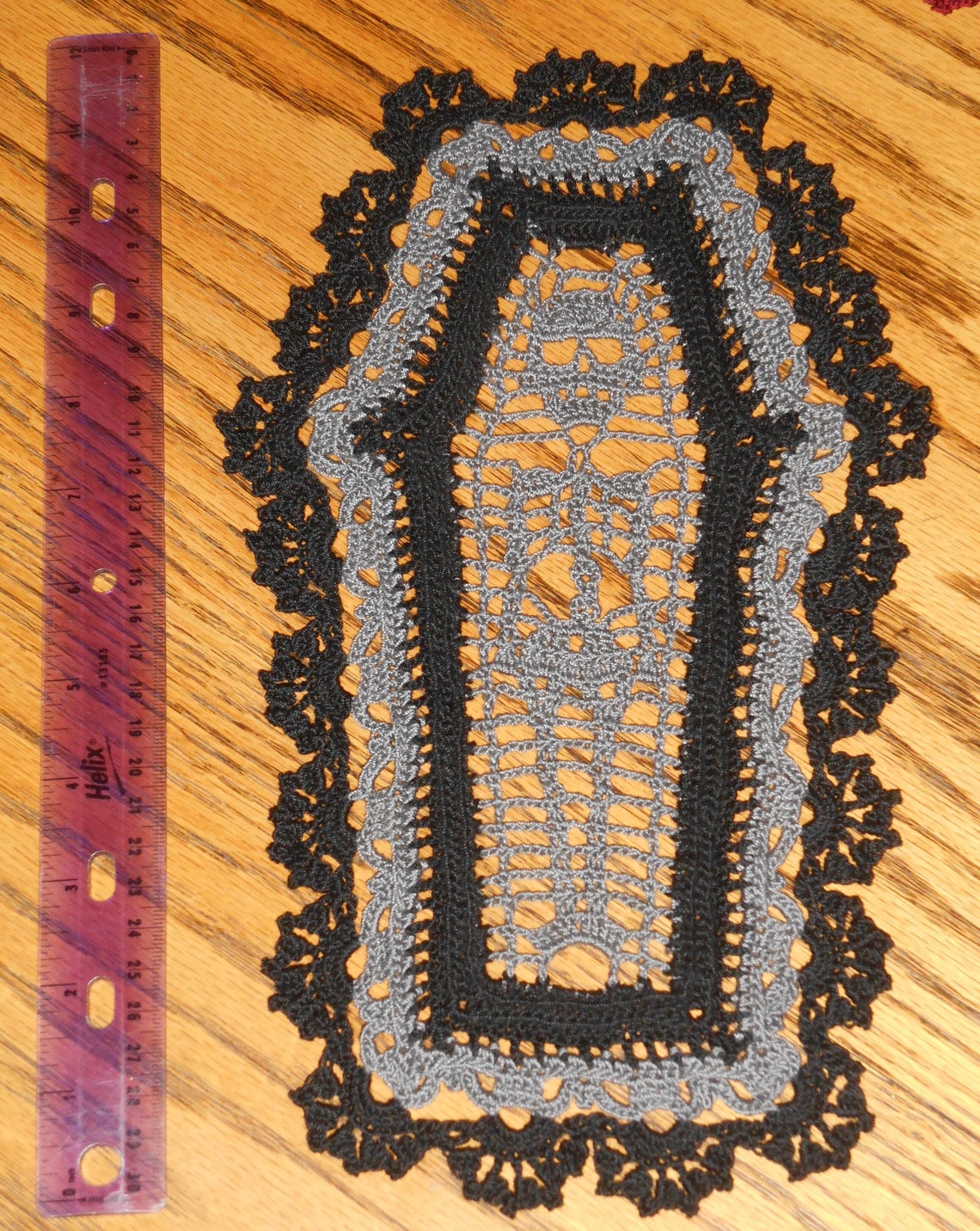 Finished Darkside Macabre Skeleton in Coffin Crochet Lace Doily Table ...