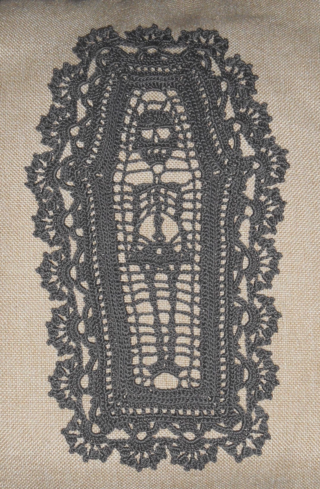Finished Darkside Macabre Skeleton in Coffin Crochet Lace Doily Table ...