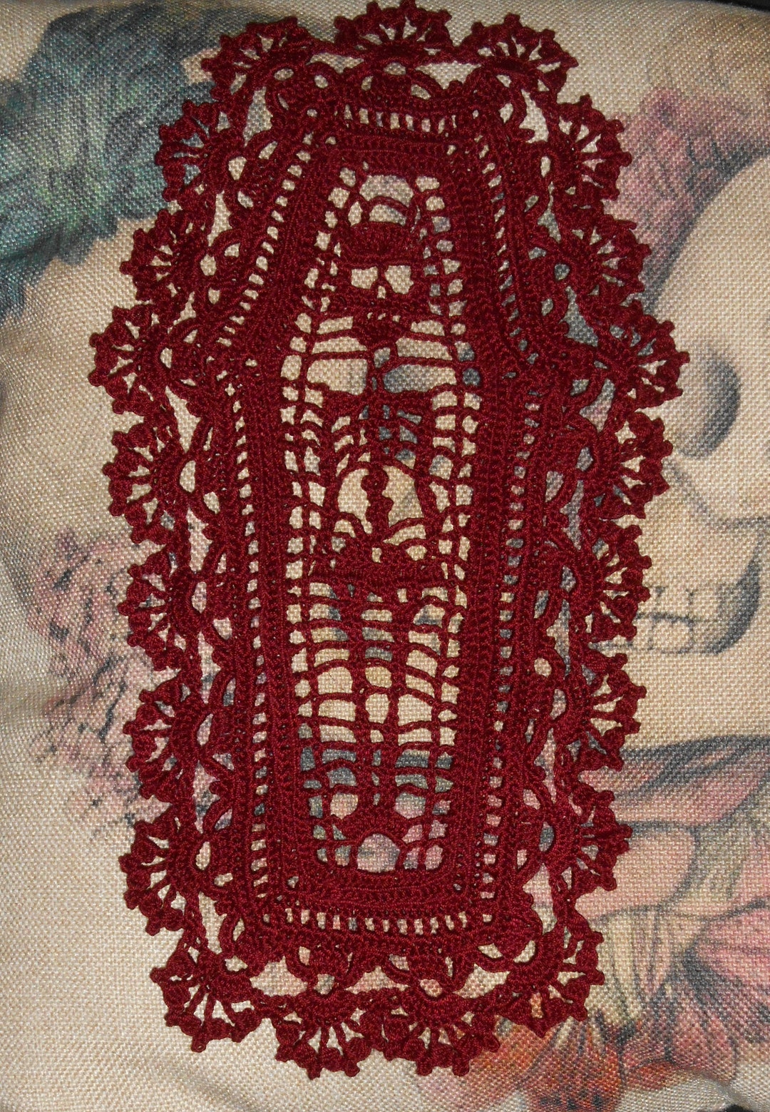 Finished Darkside Macabre Skeleton in Coffin Crochet Lace Doily Table ...
