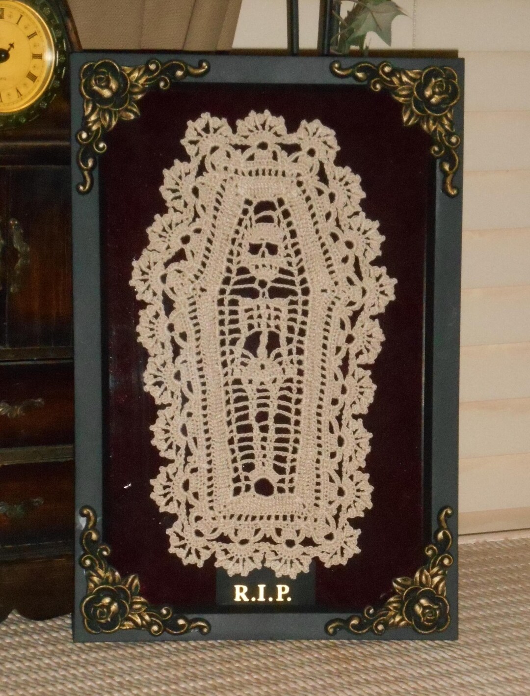 Framed Finished Crochet Skeleton Coffin Casket Wall Art Decor R.I.P ...