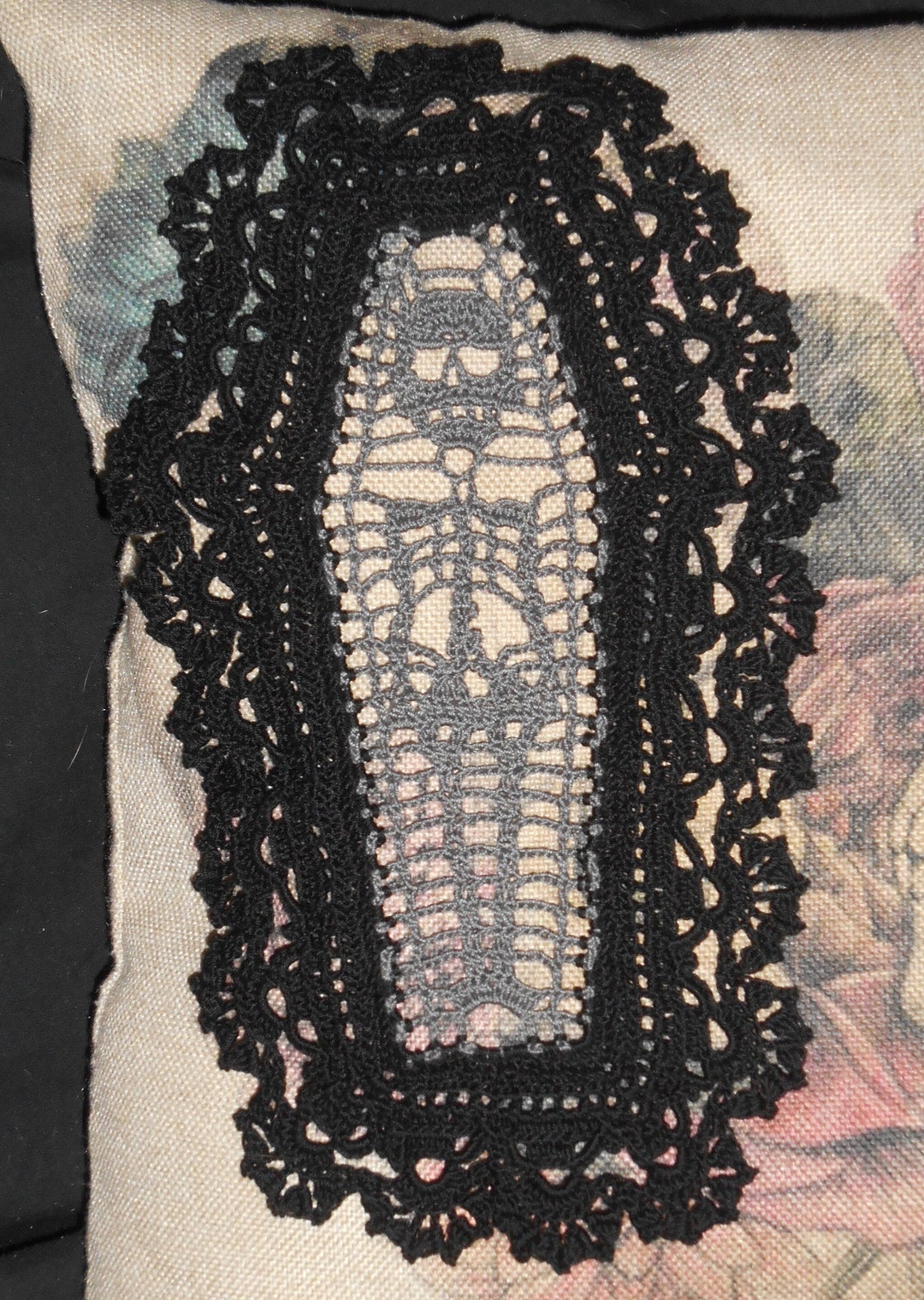 Finished Darkside Macabre Skeleton in Coffin Crochet Lace Doily Table ...