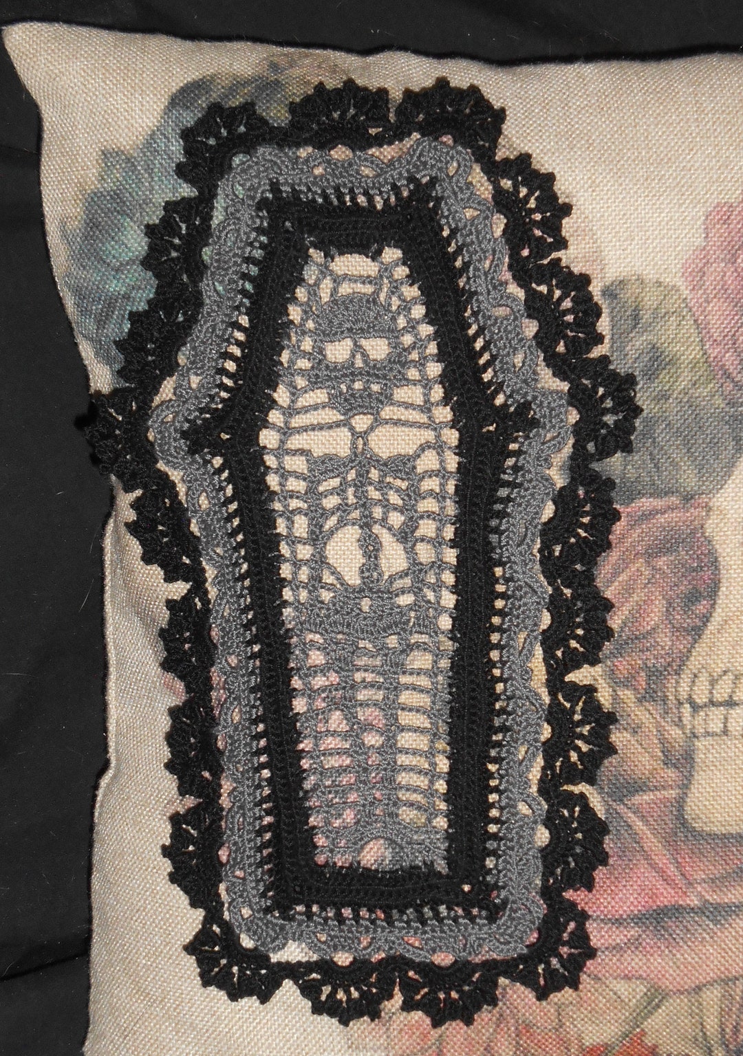 Finished Darkside Macabre Skeleton in Coffin Crochet Lace Doily Table ...