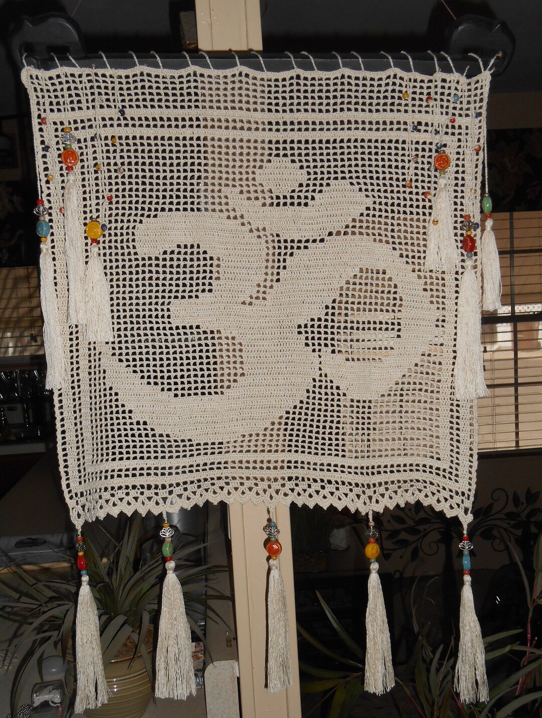 OHM Symbol Crochet Filet Beaded Tassel Wall Hanging Meditation Yoga ...