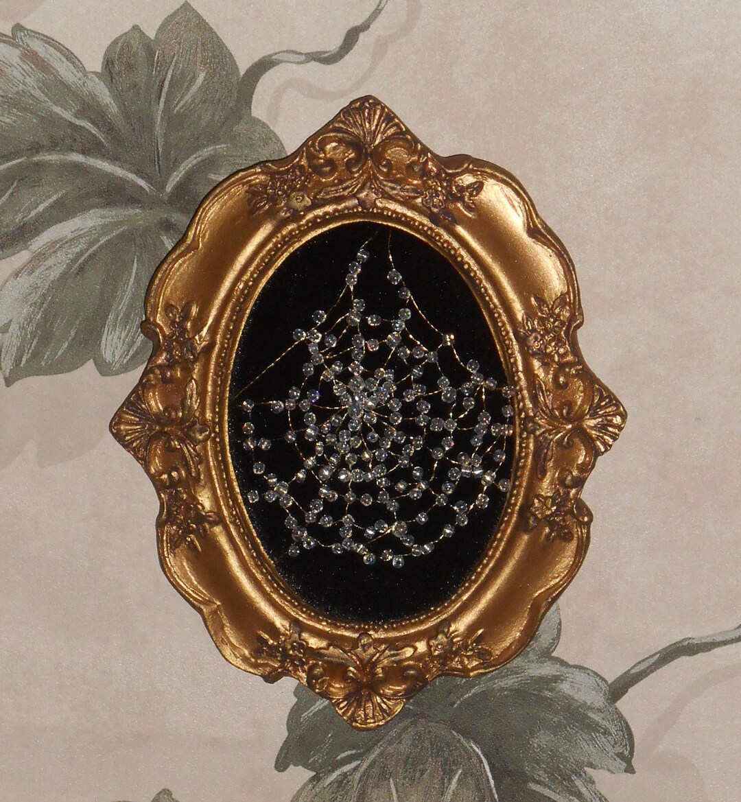 Victorian Gothic Framed Embroidered Beaded Dew Drop Rain Spiderweb on ...