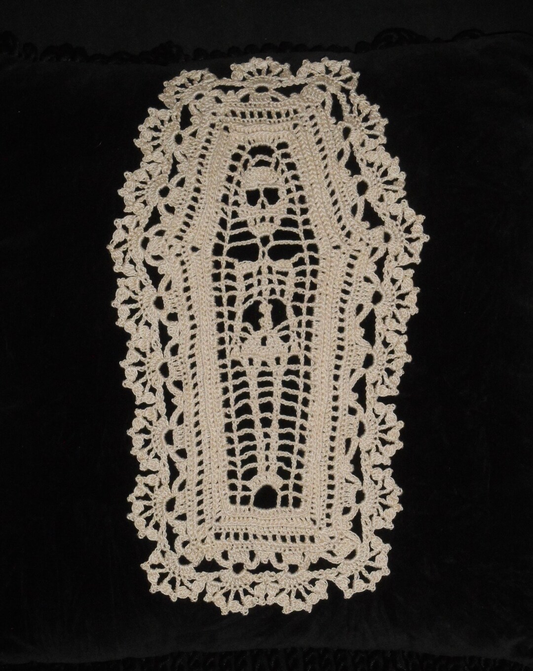 Darkside Macabre Postmortem Skeleton in Coffin Crochet Lace Doily Table ...