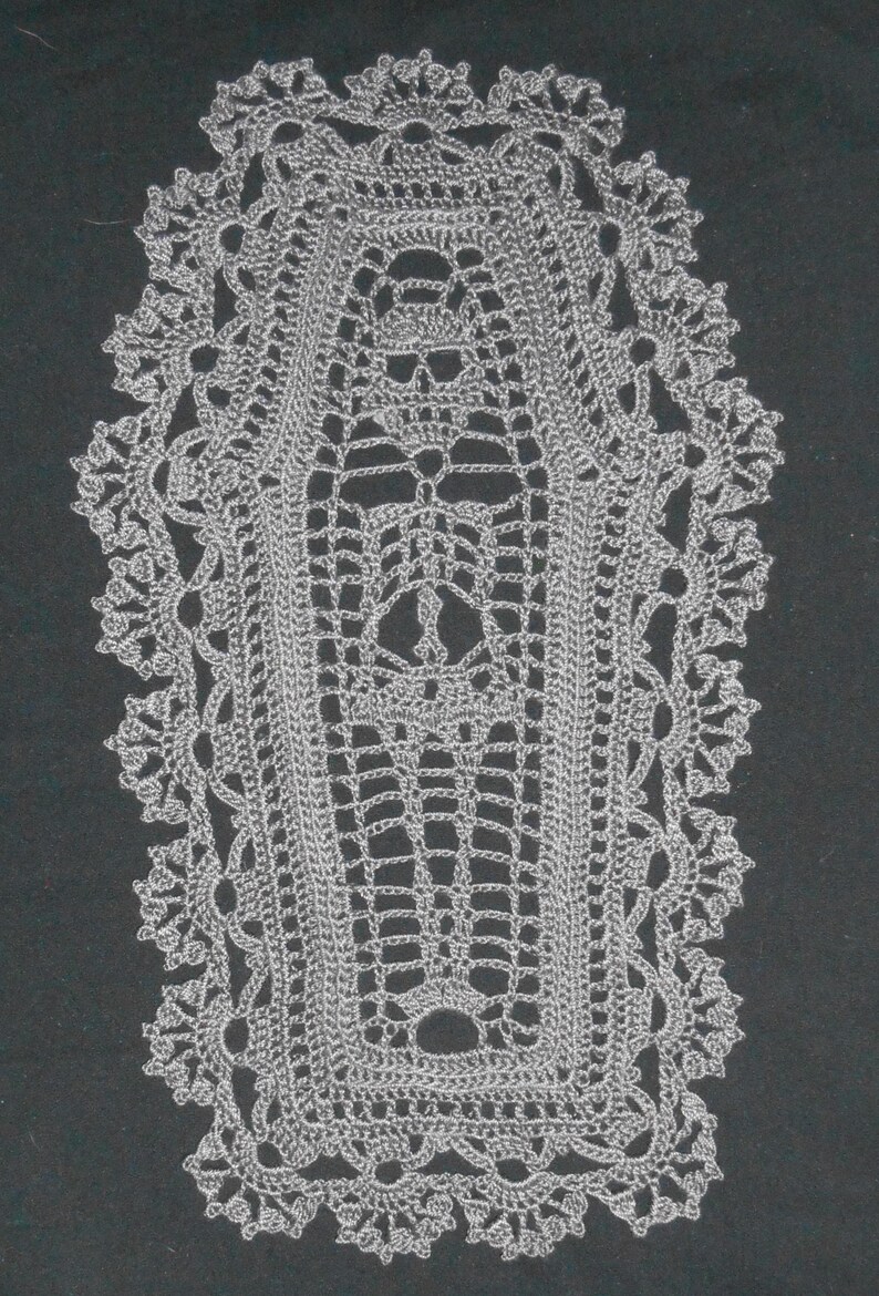 Finished Darkside Macabre Skeleton in Coffin Crochet Lace Doily Table ...