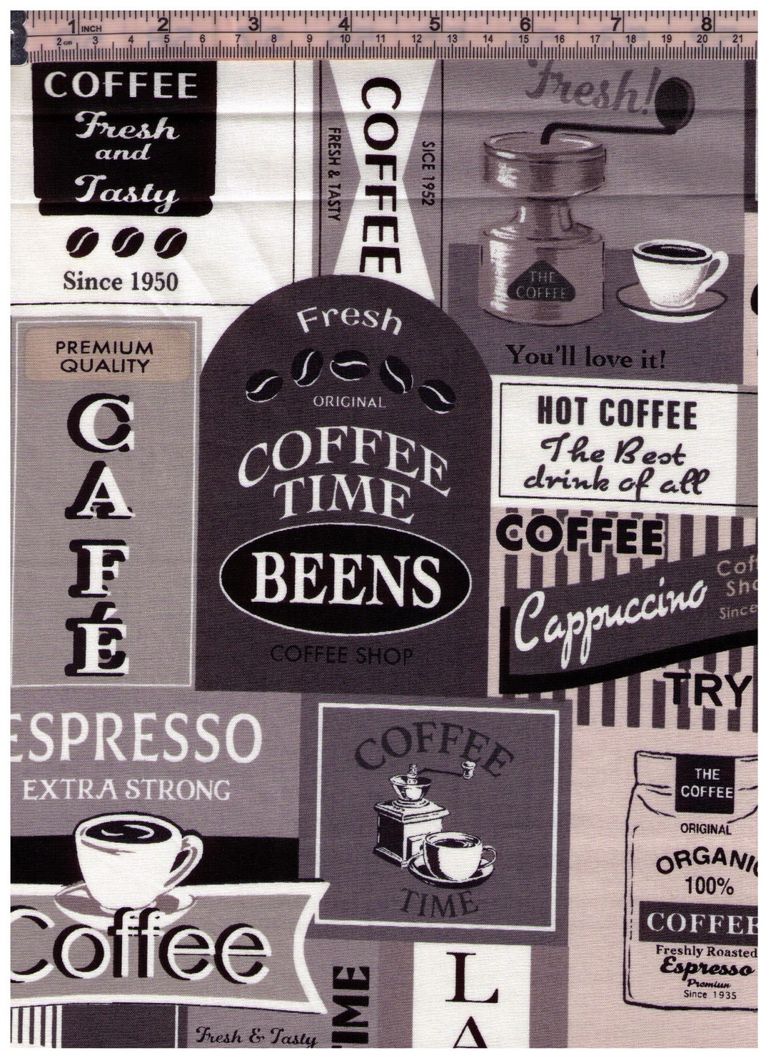HALF YARD Yuwa - Coffee Signs in Black and Grey - Suzuko Koseki ...