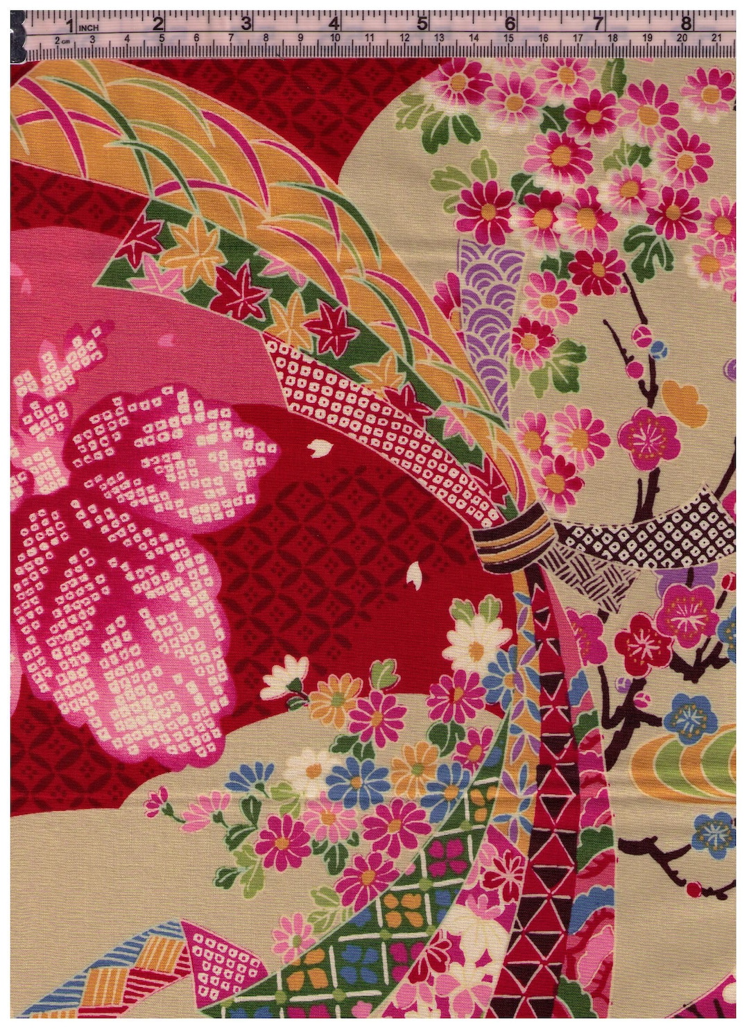 HALF YARD Yuwa - 829333-B Red - Traditional Japanese Flowers, Geometric ...