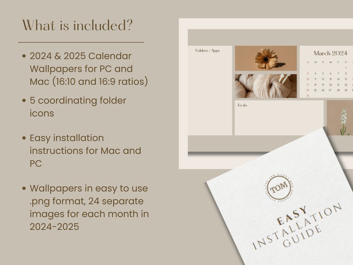 Desktop Wallpaper Organizer | 2024 AND 2025 Calendar | Cream Floral ...