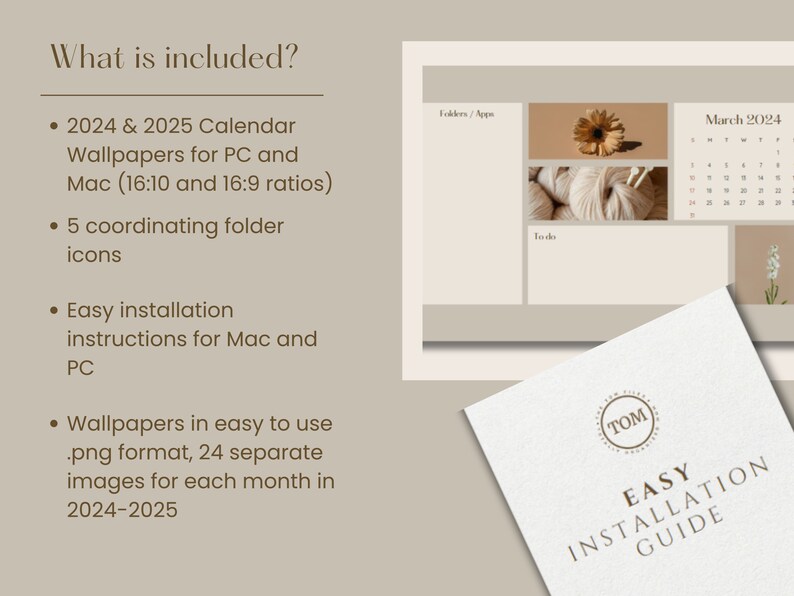 Desktop Wallpaper Organizer | 2024 AND 2025 Calendar | Cream Floral ...