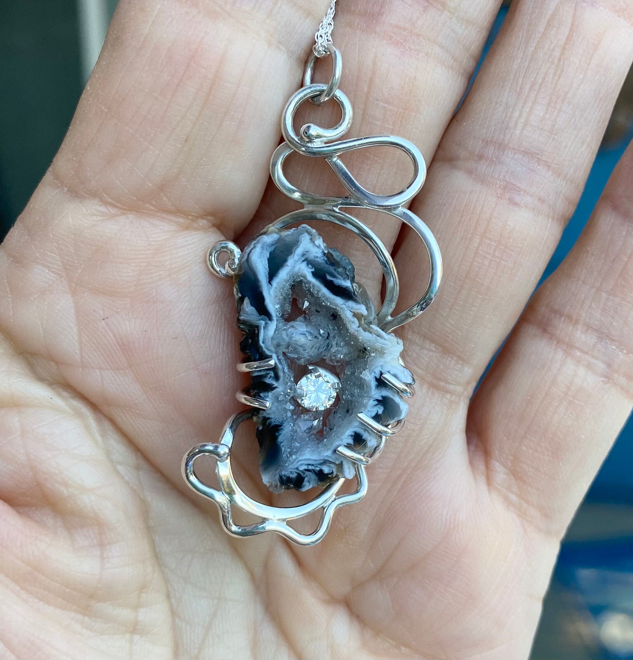 Geode Necklace in Sterling Silver, Cubic Zirconia and Geode Necklace ...