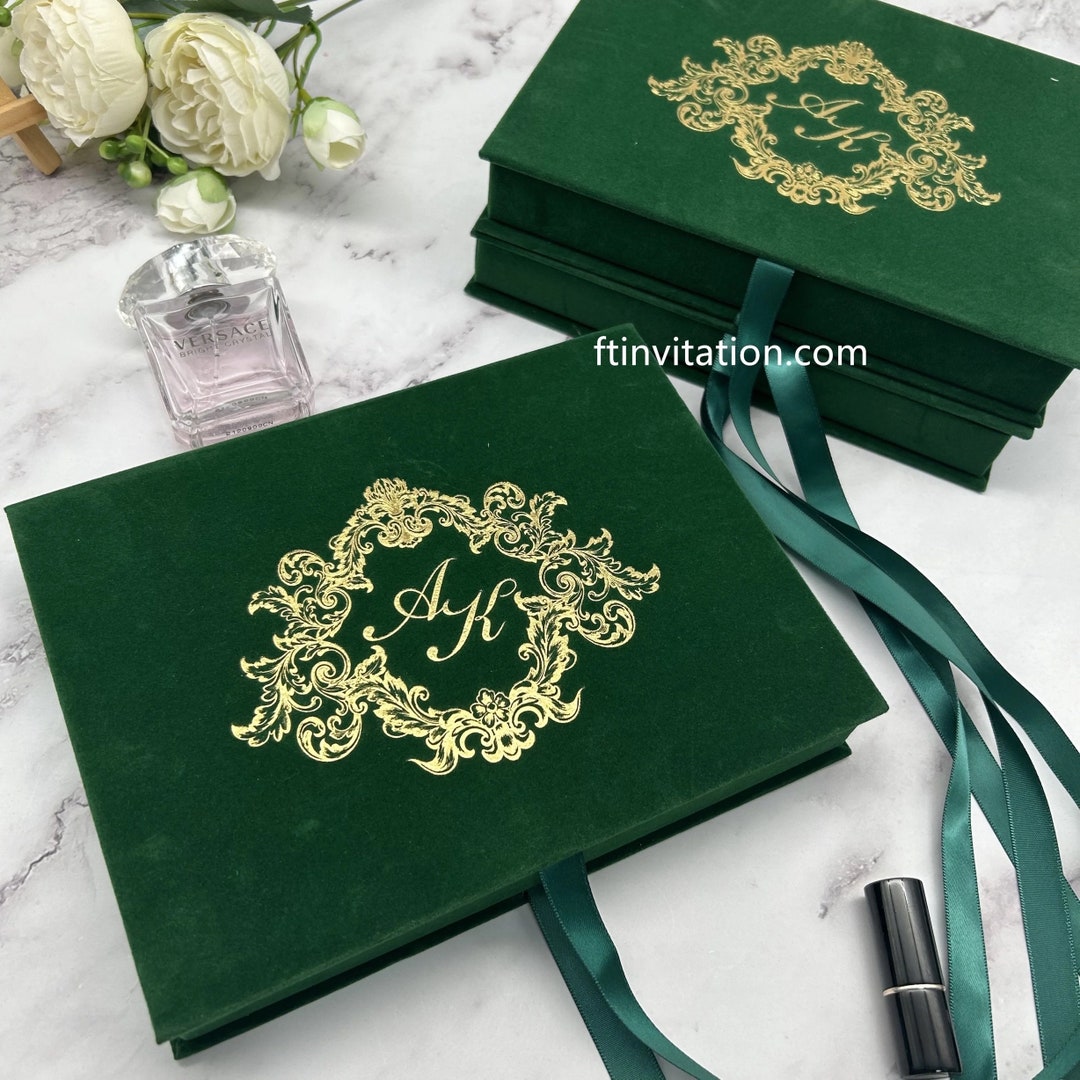 Forested Green Velvet Luxury Box Invitation With Acrylic Card - Etsy