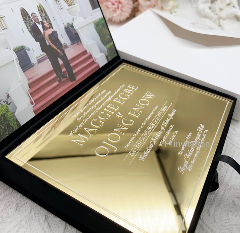 Black Velvet With Gold Mirror Luxury Box Invitation With Acrylic Card ...