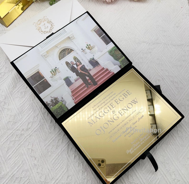 Black Velvet With Gold Mirror Luxury Box Invitation With Acrylic Card ...