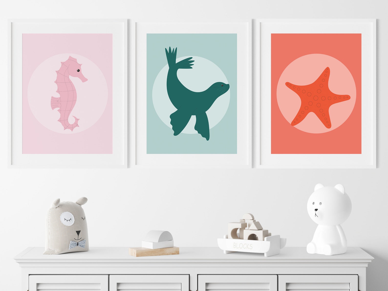 3 Colorful Sea Animals Digital Poster Set - Gift for Kids, Kids Room ...