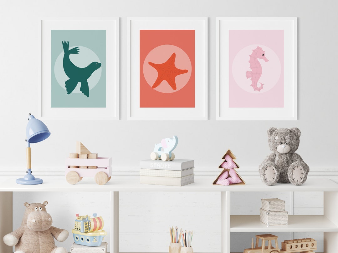 3 Colorful Sea Animals Digital Poster Set - Gift for Kids, Kids Room ...