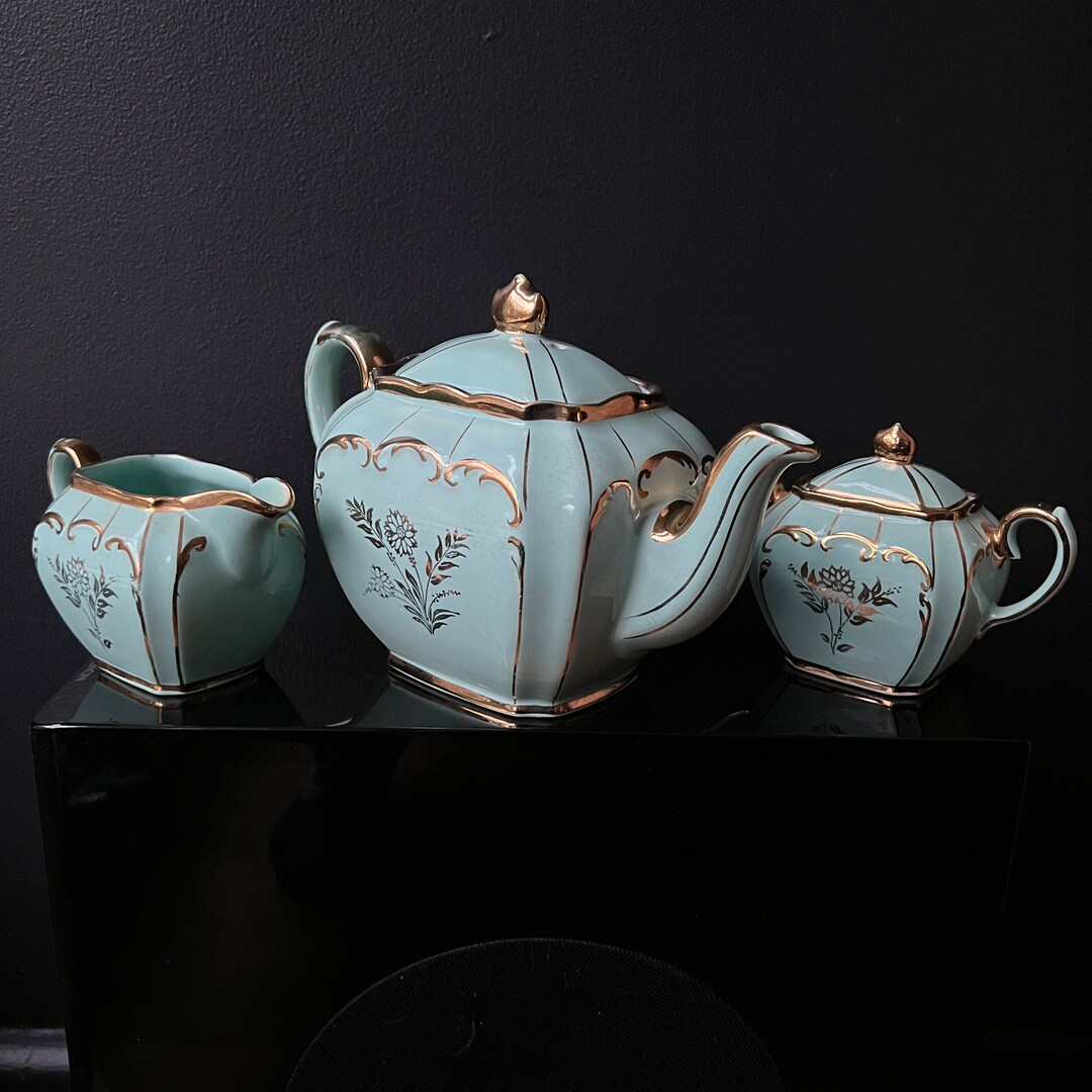Sadler Blue Cube Teapot Tea Pot Cream and Sugar Set 2080 Gilded Gold ...