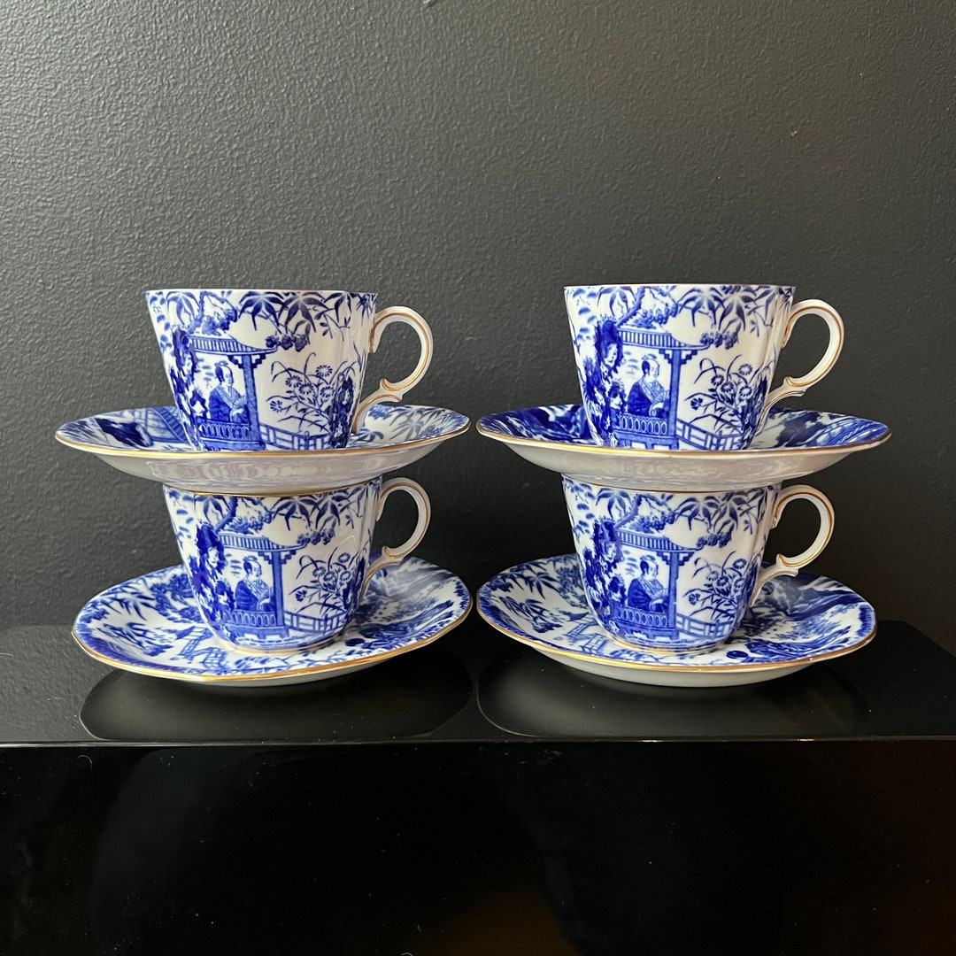 Royal Crown Derby Blue Mikado 4 Tea Cups and Saucers Fine Bone China ...