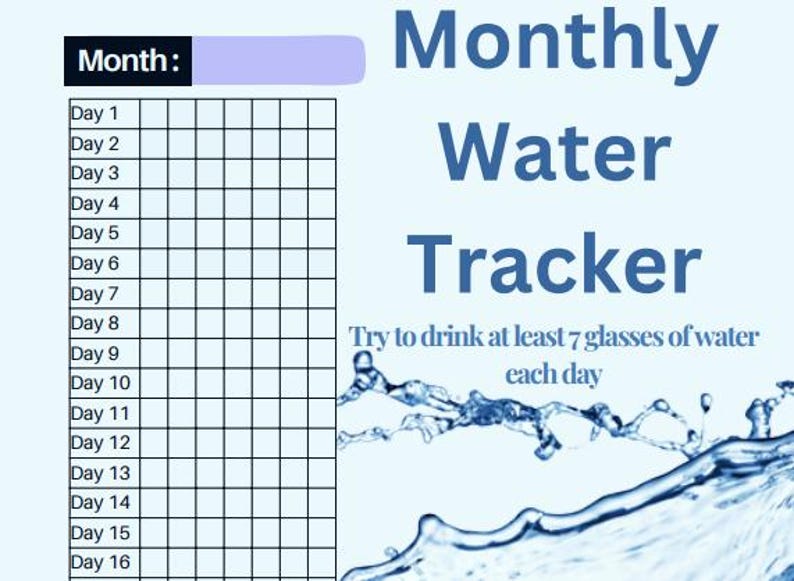 Water Intake Tracker | Monthly Hydration Chart | Digital Download PDF ...