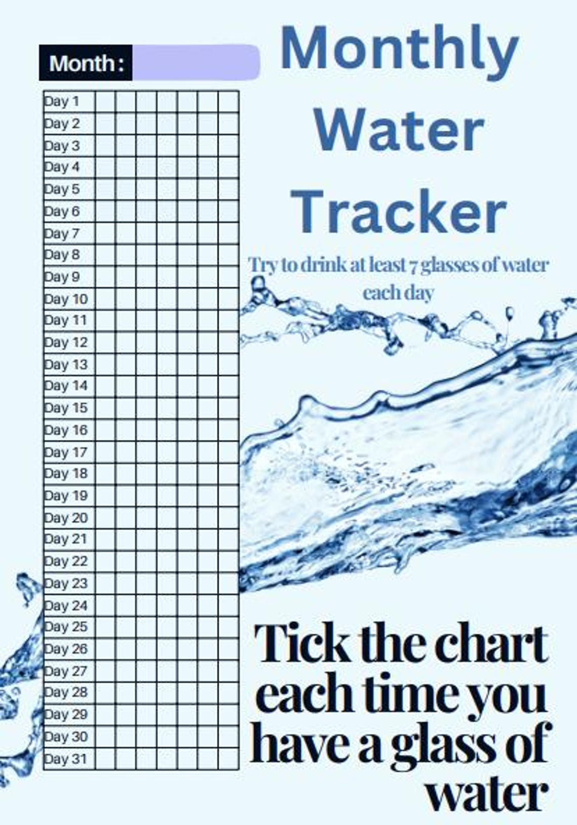 Water Intake Tracker | Monthly Hydration Chart | Digital Download PDF ...