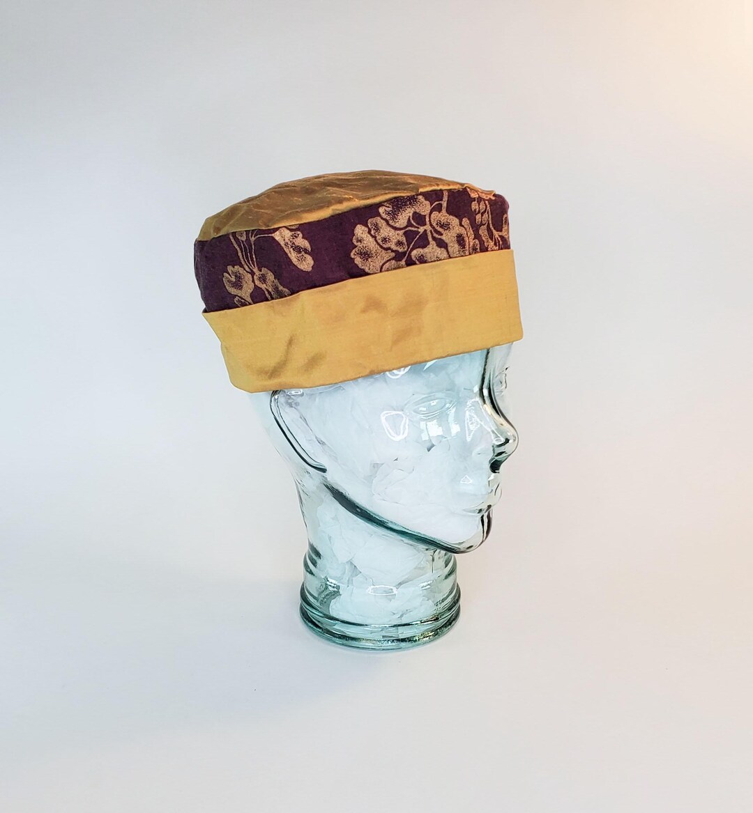 The Merlin Cap – Gold Silk and Wine Cotton Smoking Cap, Folded Brim ...