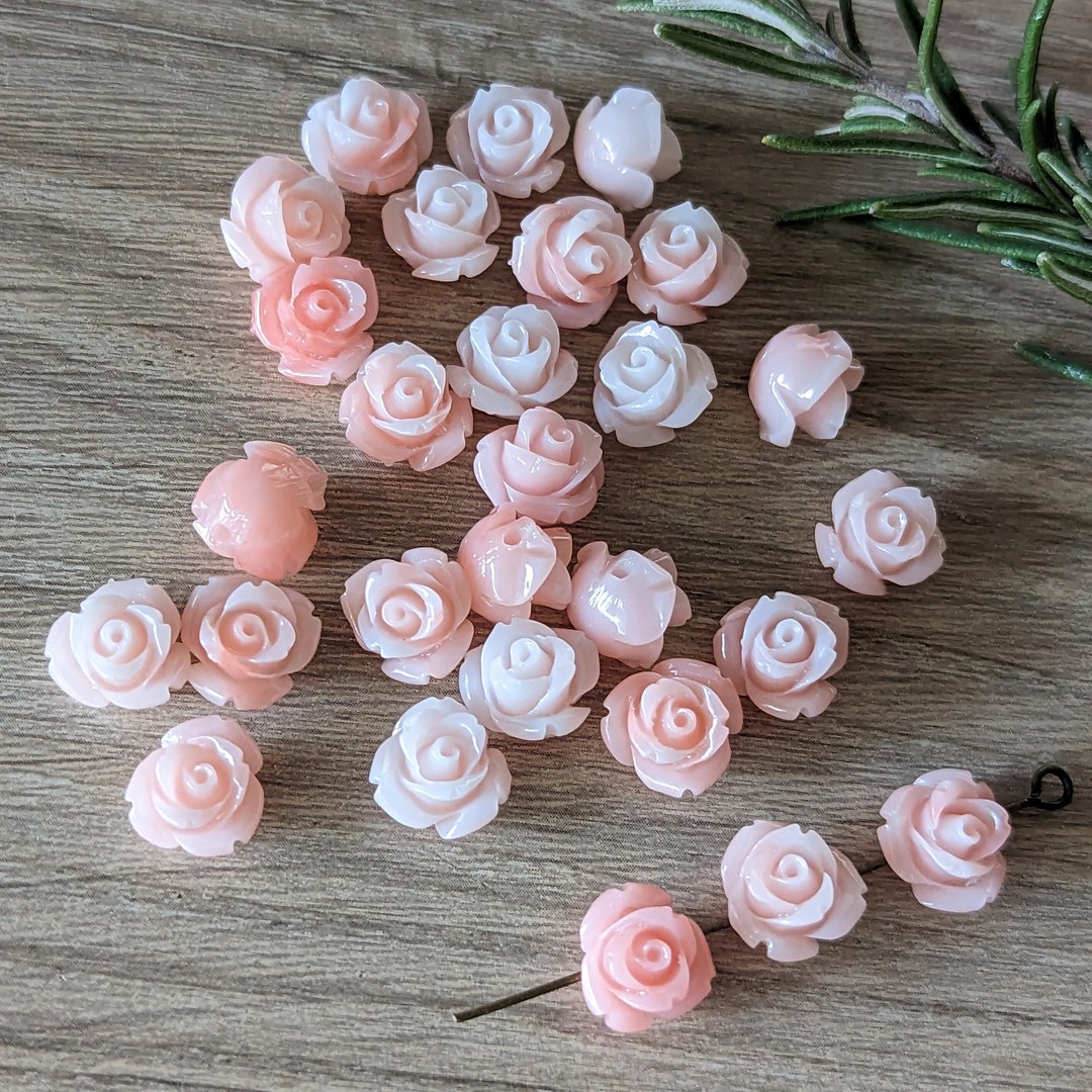 20+ Pcs Pale Coral Pink Rose 10mm Resin Flower Beads Side Drilled Round ...