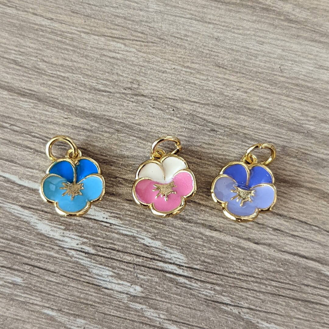 2+ Pcs Pansy Enamel Flower Charm 18K Gold Plated Pendant Violet Blue ...