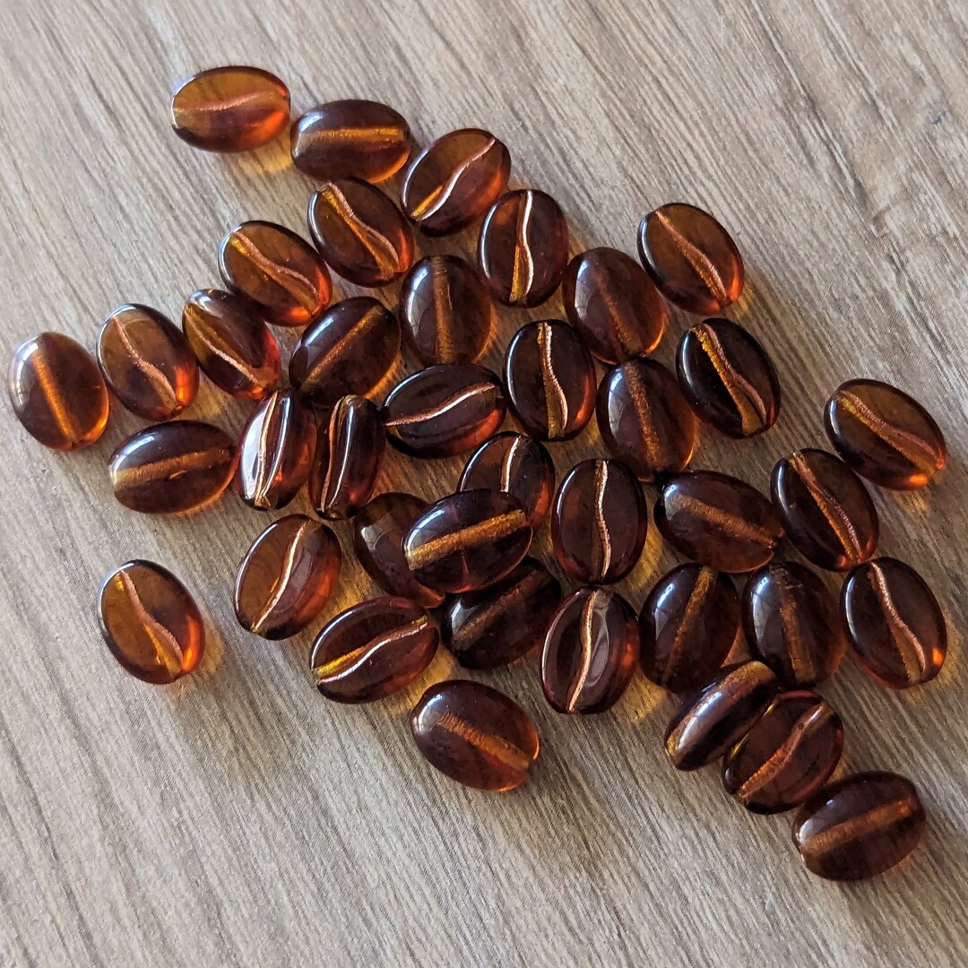 25 Pcs Coffee Bean Beads Transparent Amber With Copper Inlay Czech ...