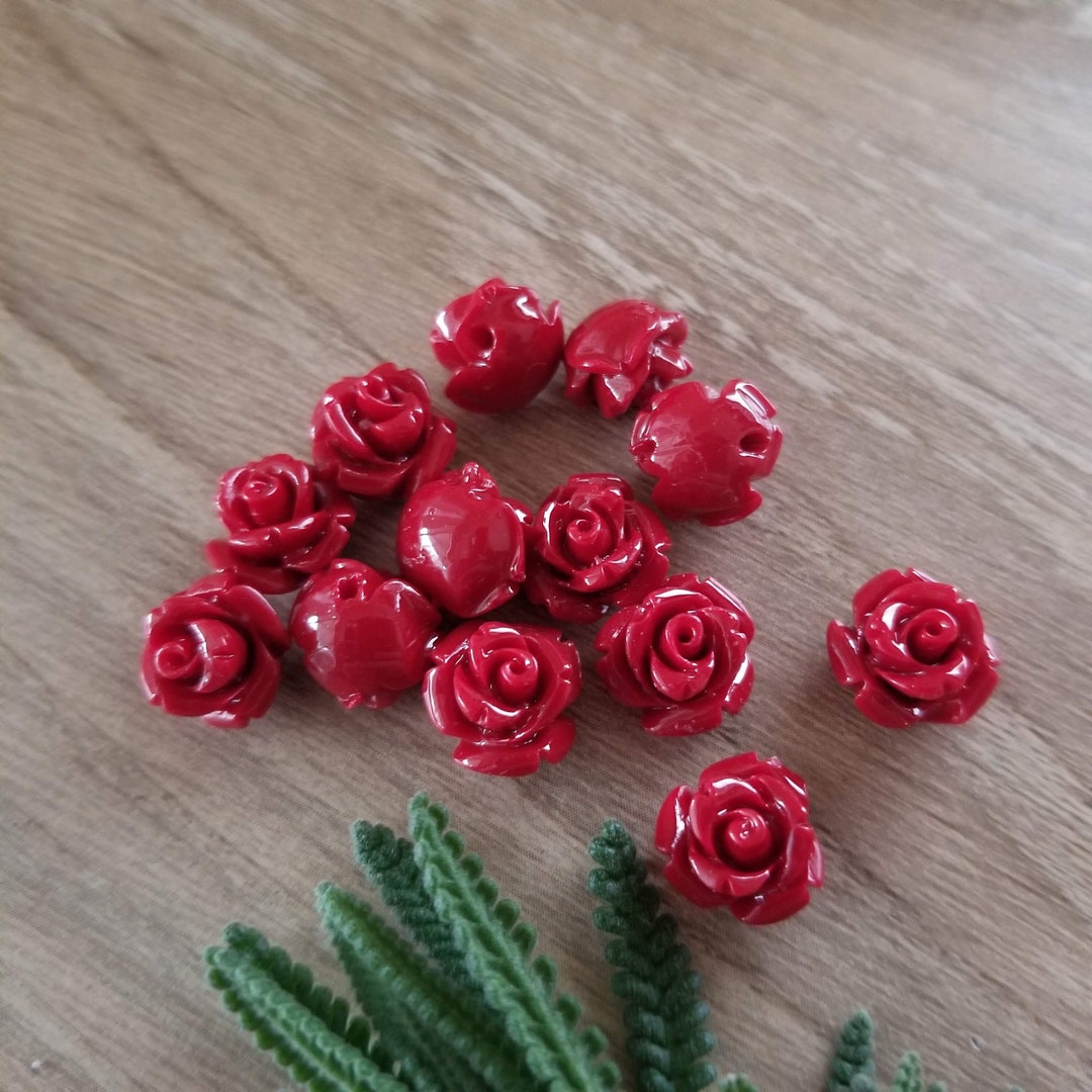 20+ Pcs 10mm Rose Brick Red Resin Flower Beads Side Drilled Round Back ...