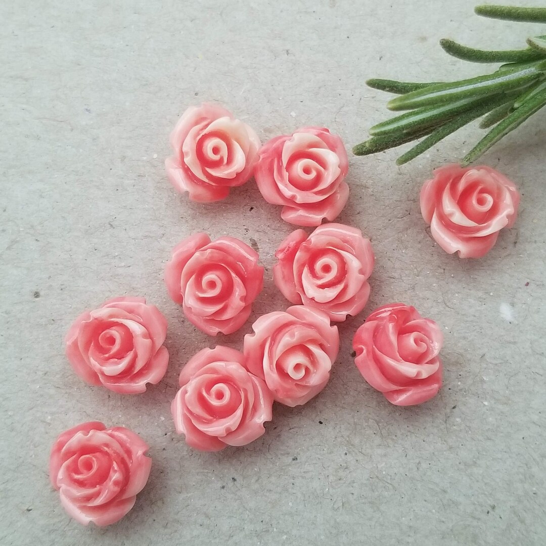 20+ Pcs Pink Rose 10mm Resin Flower Beads Side Drilled Round Back ...
