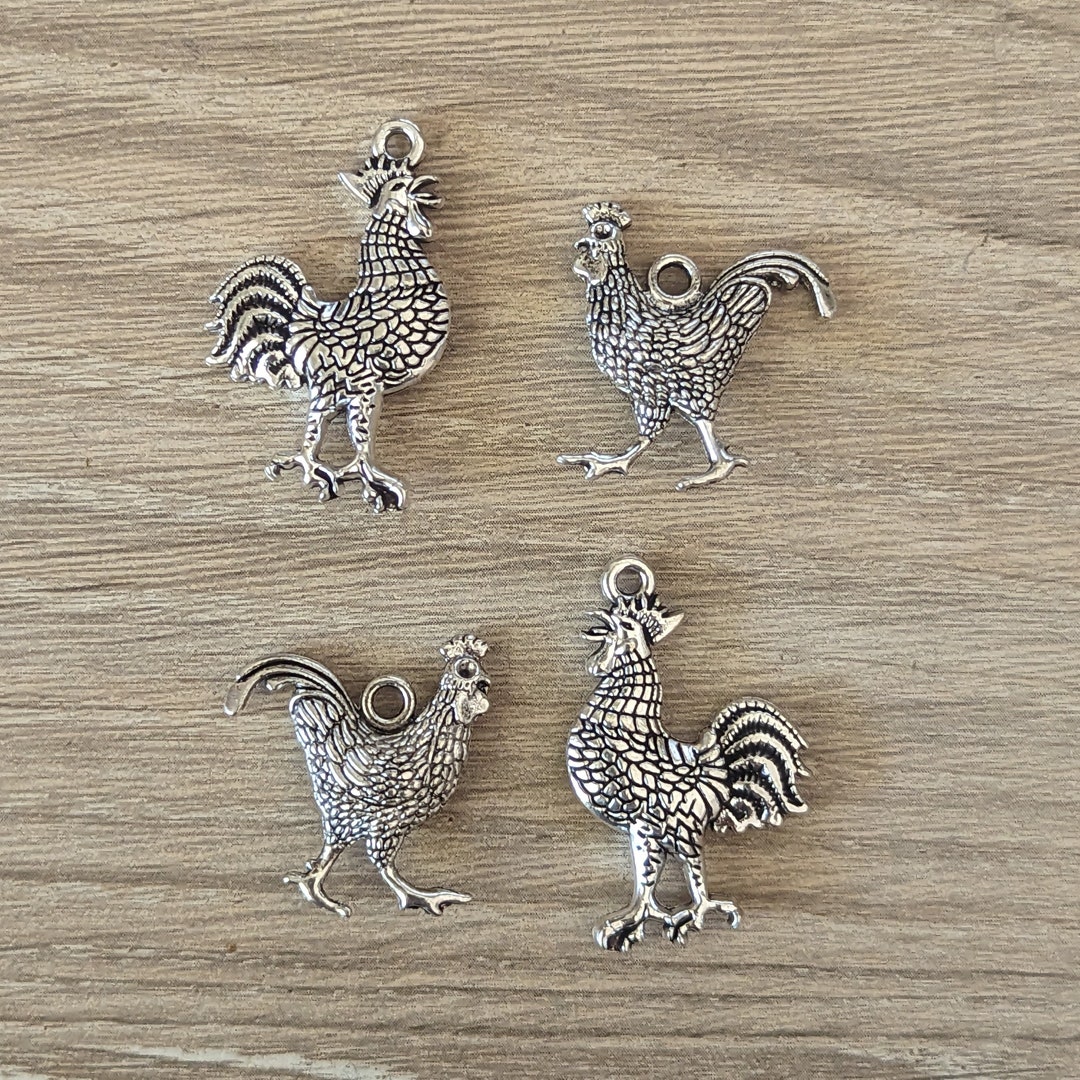 4 Pcs Chicken Charms - Solid Metal Detailed 3D Design - Rooster or Hen - Antique Silver Color ...