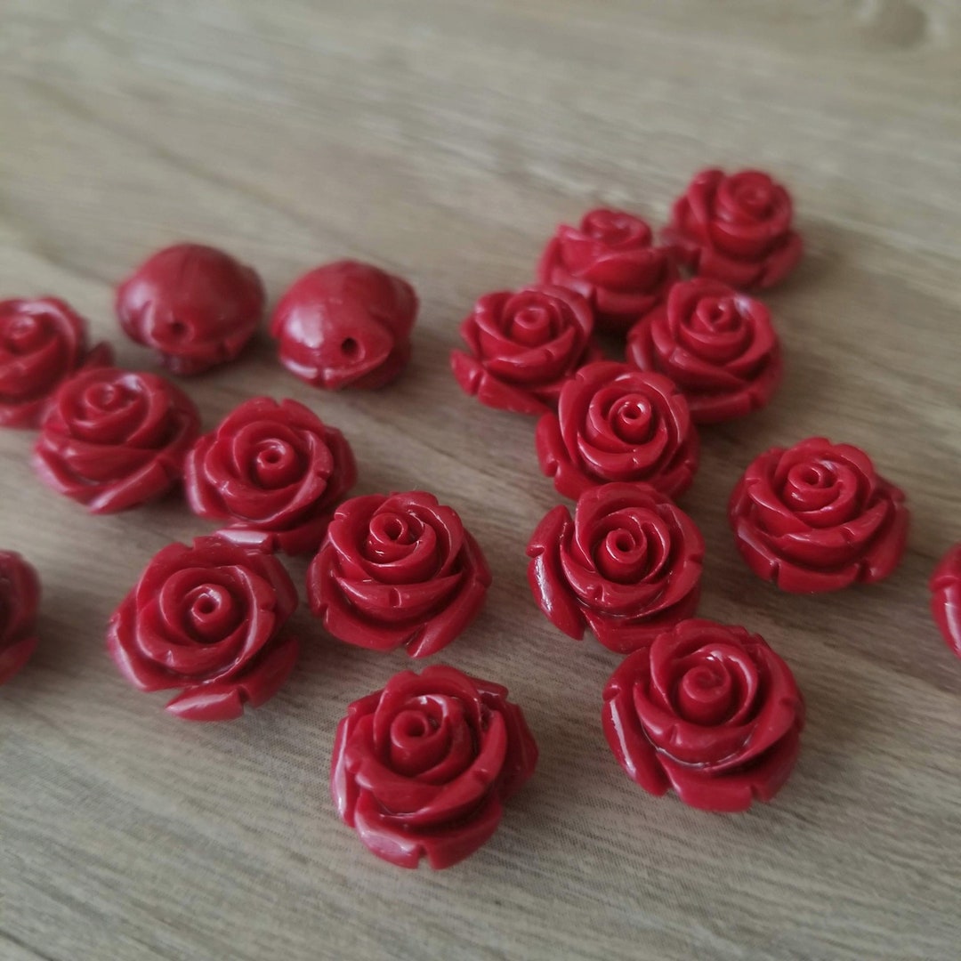 10+ Pcs 12mm Rose Brick Red Resin Flower Beads Side Drilled Round Back ...